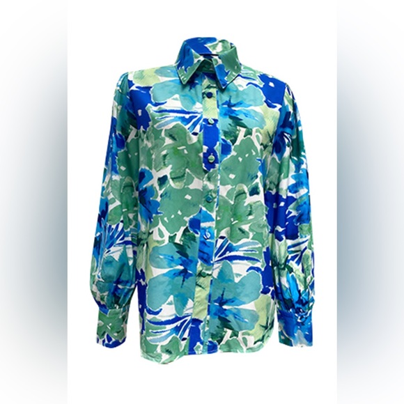 boutique | Tops | Matcha Green Printed Button Up Lantern Sleeve Shirt ...